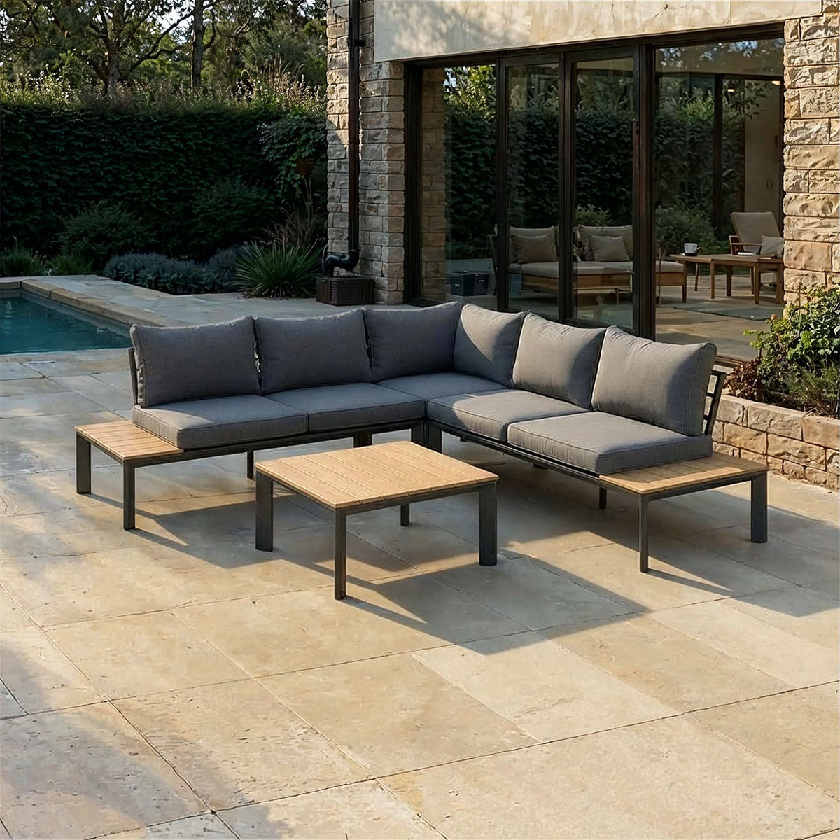 Ardeo Fusion 5 Seat Modular Garden Corner Sofa Set with Teak Table Top ...